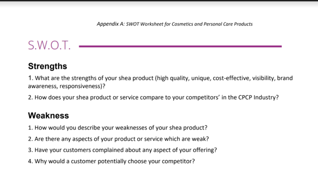 SWOT Worksheet for Cosmetics and Personal Care Products - Shea Market